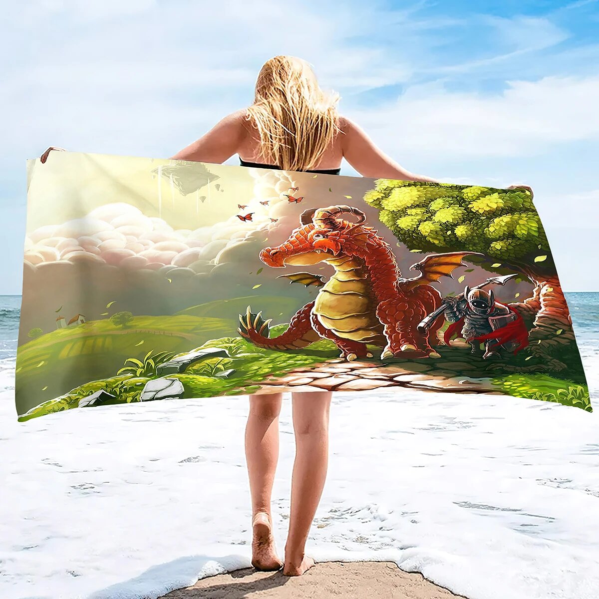 Большое пляжное полотенце из микрофибры с принтом дракона Белый, H50xW100cm, 3