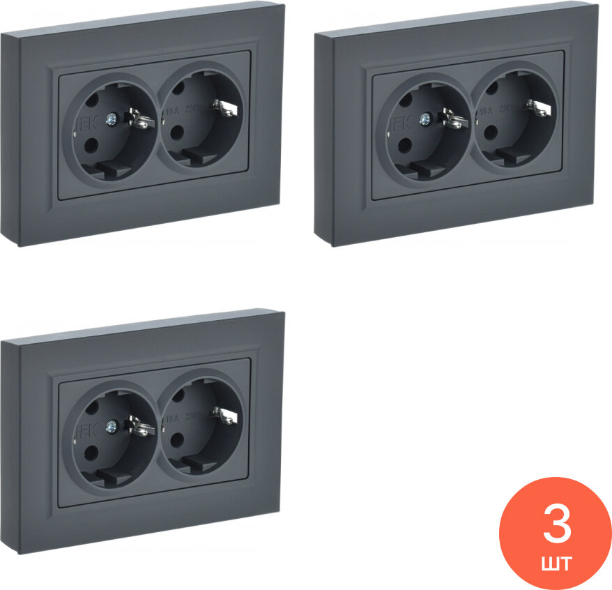 Розетка силовая штепсельная IEK / ИЭК Brite РС12-3-БрГ, 16А графит с заземлением без защитных шторок в сборе двухместная, BR-R21-16-K53-F / электрооборудование (комплект из 3 шт)