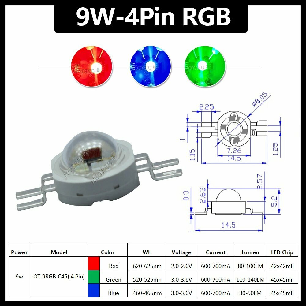 9W RGB LED 4pin, 4pin 9W RGB, 50Pieces