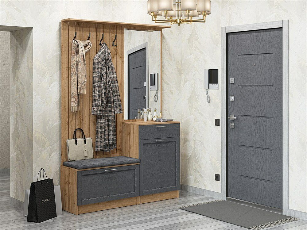VVT Прихожая Стиль-02, каркас ЛДСП Дуб Вотан, фасад МДФ Graphite Softwood, 2090*1400*380 Graphite Softwood