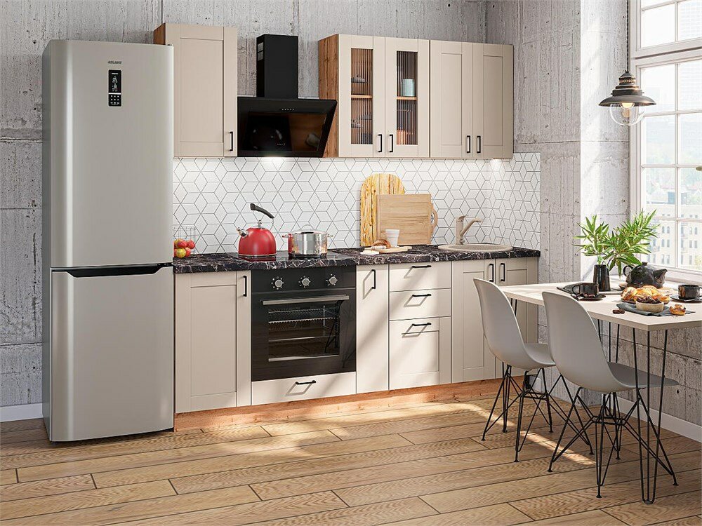 VVT Кухонный гарнитур модульный Лофт-07, каркас ЛДСП Дуб Вотан, фасад МДФ/Стекло Cream Silk, 2140*2200*600 Cream Silk