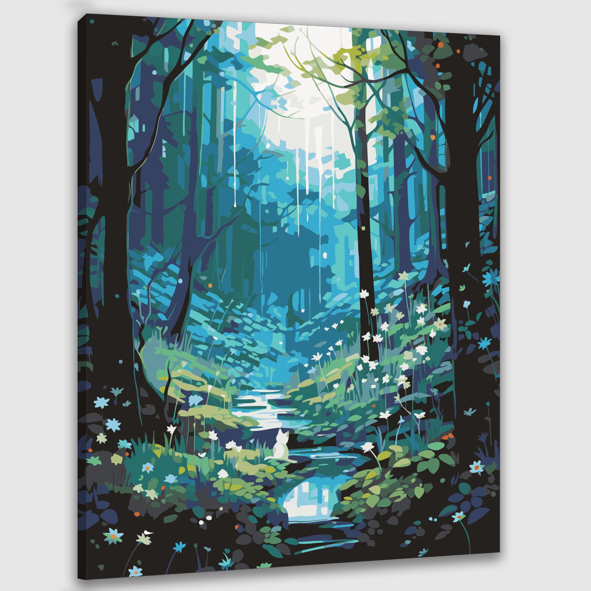Картина по номерам 40x50 см, акриловая картина, лесной пейзаж, голубые кошки, деревья, скалы, мох, зелень, бирюзовый