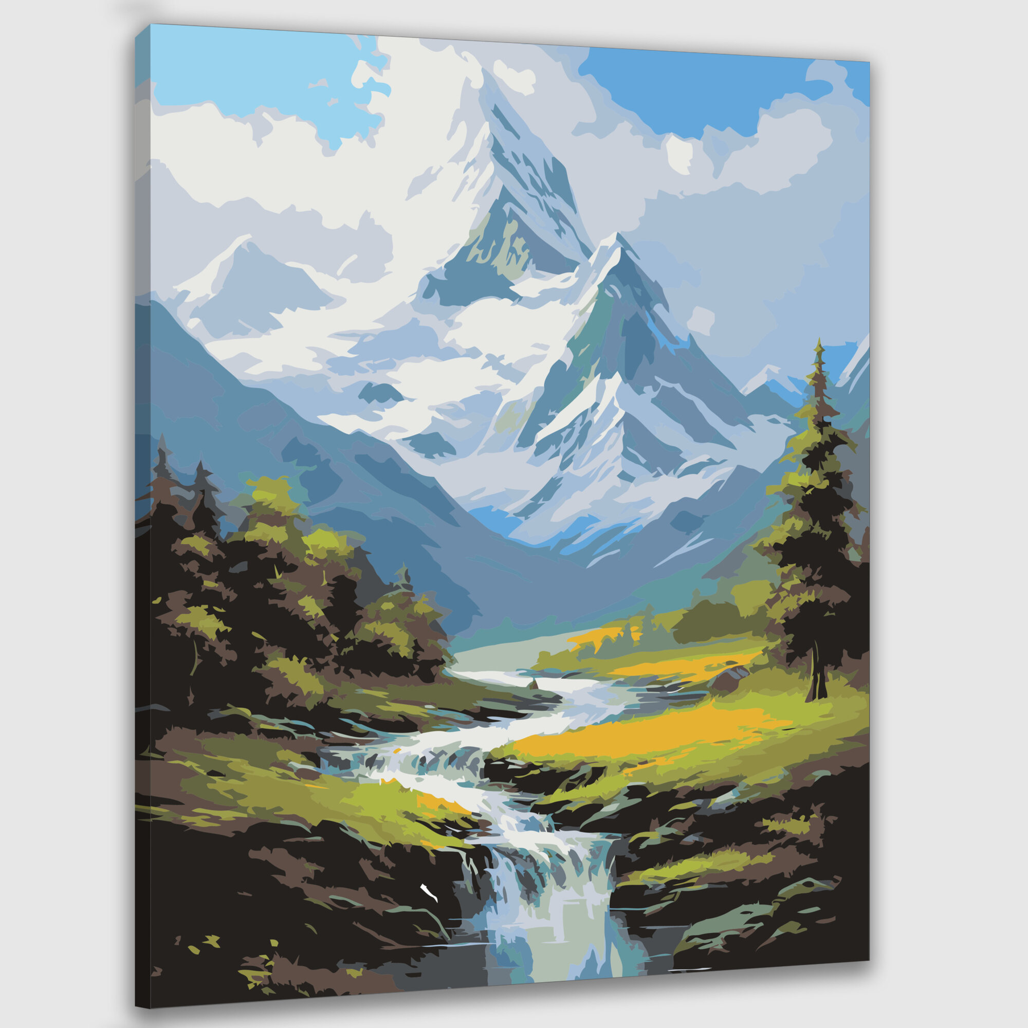 Картина по номерам 40x50 см, картина, масло, горный пик, скалистые утесы, заснеженная вершина, долина, зеленые луга