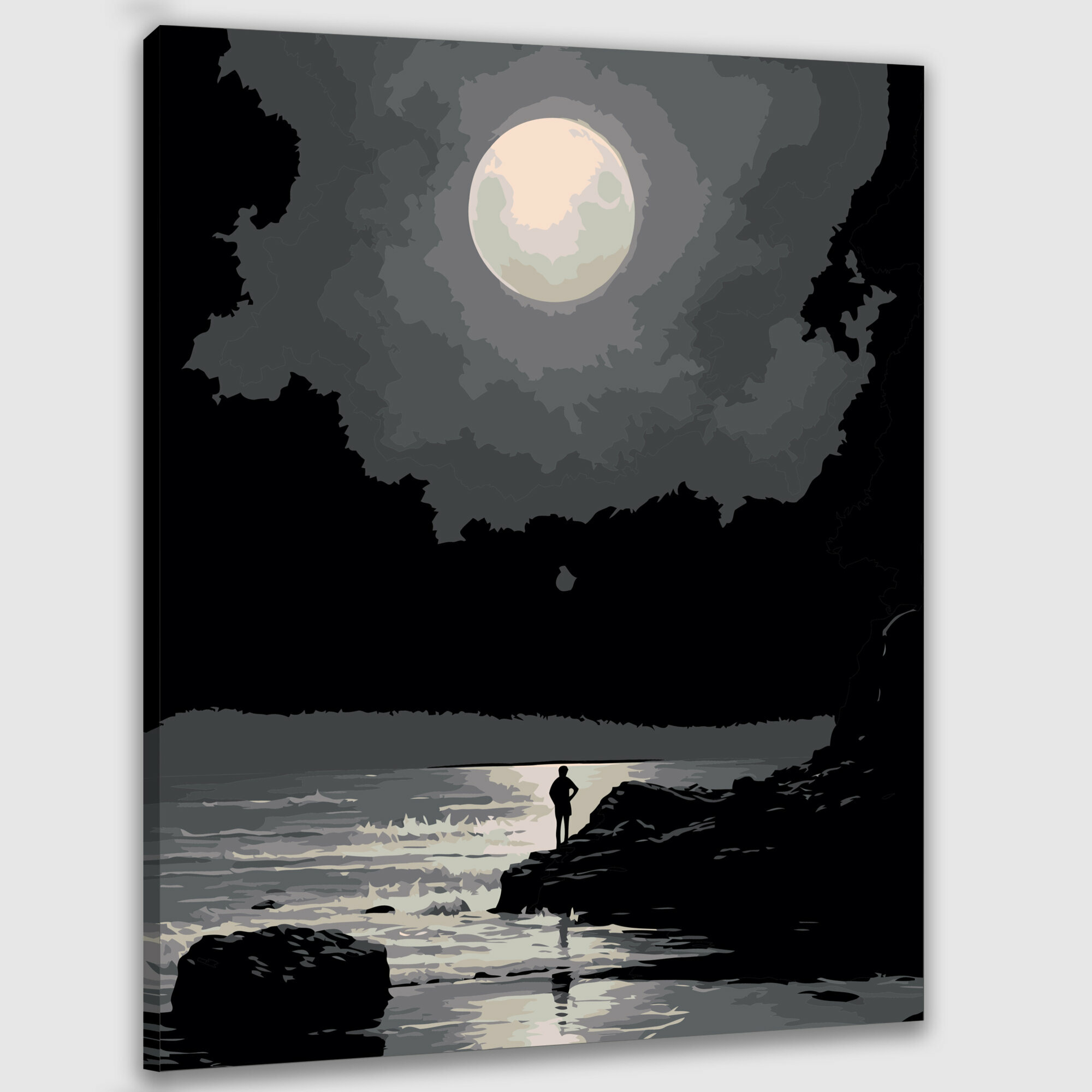 Картина по номерам 40x50 см, картина, масло, фигура, скалистый утес, море, луна, ночное небо, волны, сияние