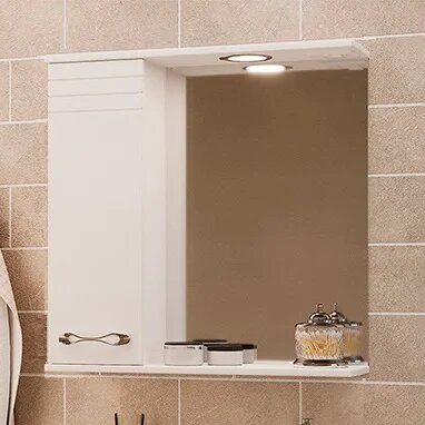 Зеркало Emmy Рио 60 L со светодиодной подсветкой, с полкой, со шкафчиком, 60 см, с розеткой, белое