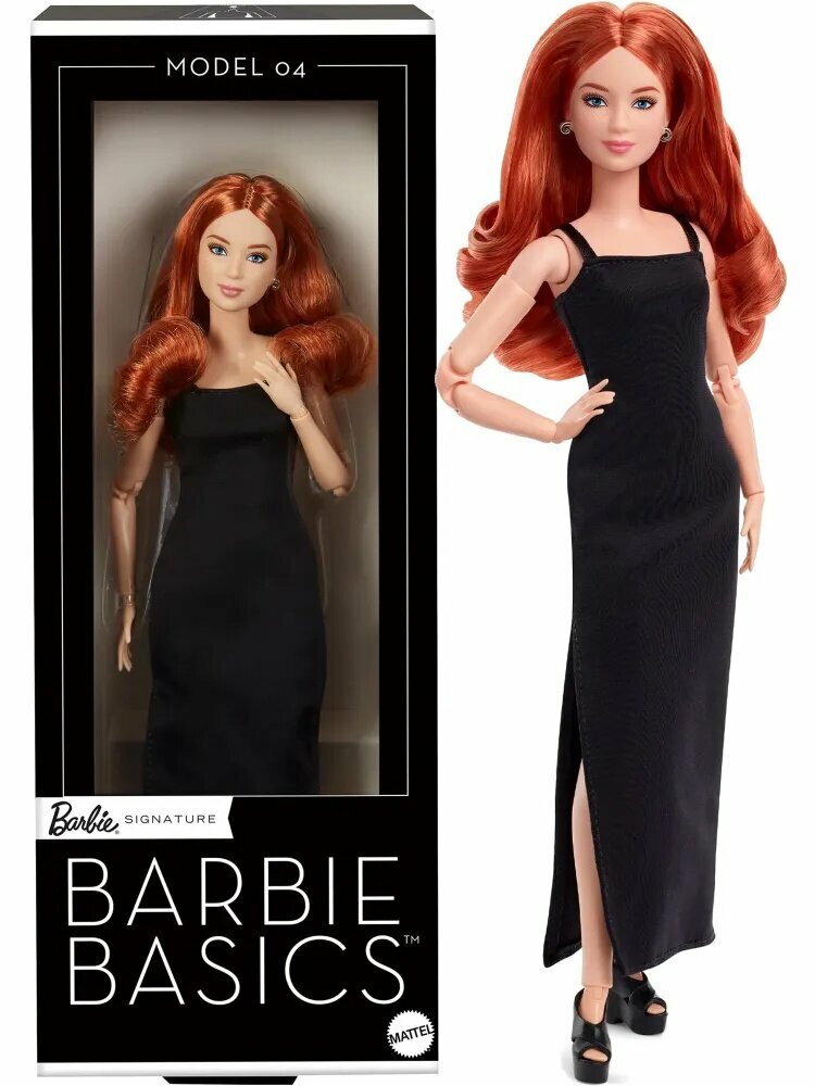 Коллекционная кукла Barbie Basics модель 04 с рыжими вьющимися волосами в черном платье и на