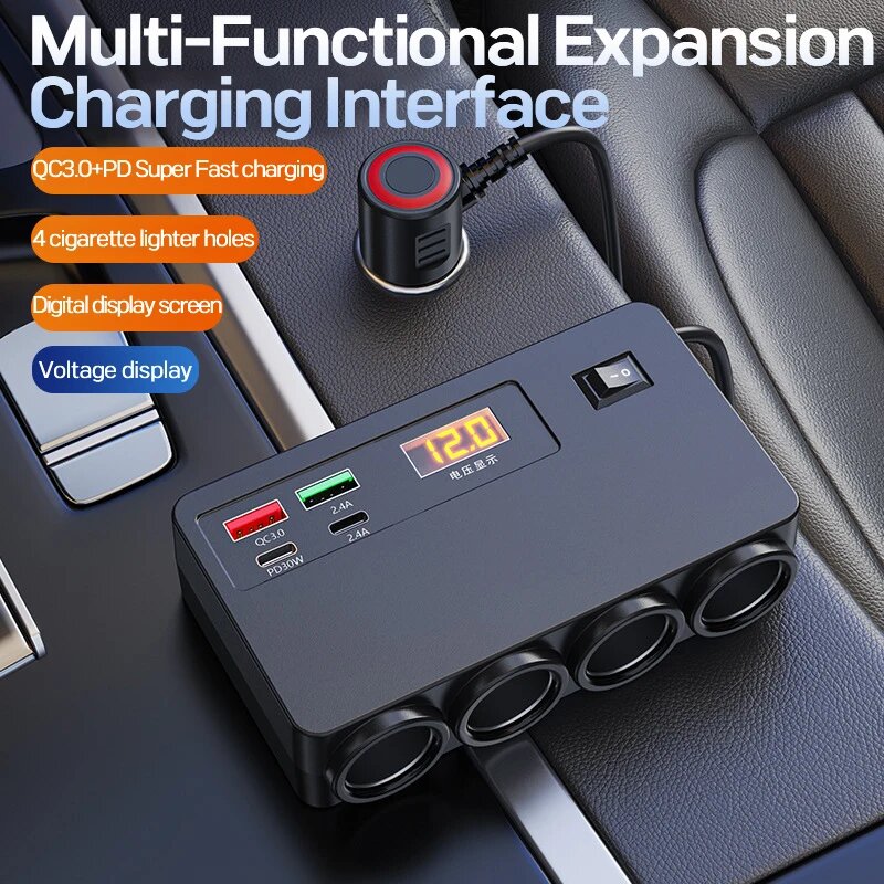 Универсальное автомобильное зарядное устройство для прикуривателя, многофункциональное, 1-в-4 порта, 12В/24В, с дисплеем напряжения, для автомобиля