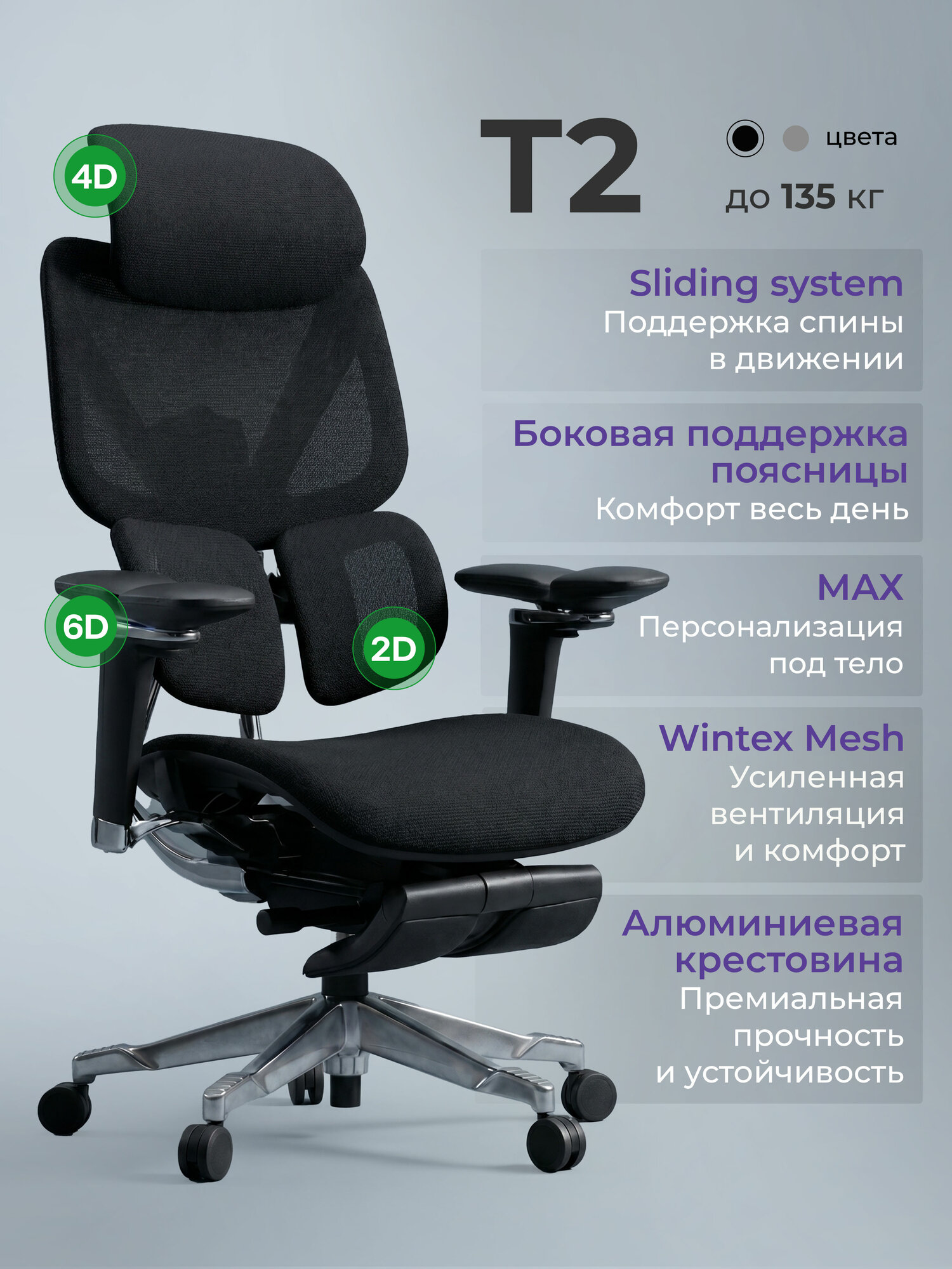 Кресло компьютерное эргономичное ортопедическое для дома и офиса Ergostul T2 Black