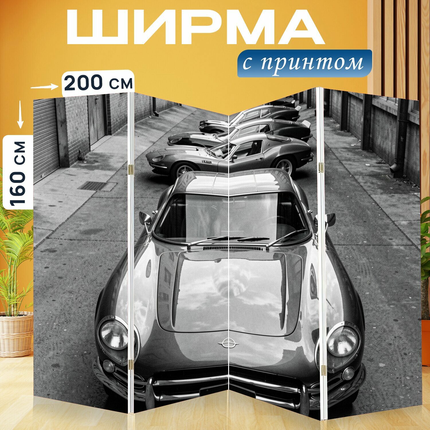 Ширма "Винтажные купе в проезде. Черно-белый кадр с блестящими ретро-авто, выстроенными вдоль индустриального." перегородка для зонирования комнаты с принтом 200x160 см. на холсте