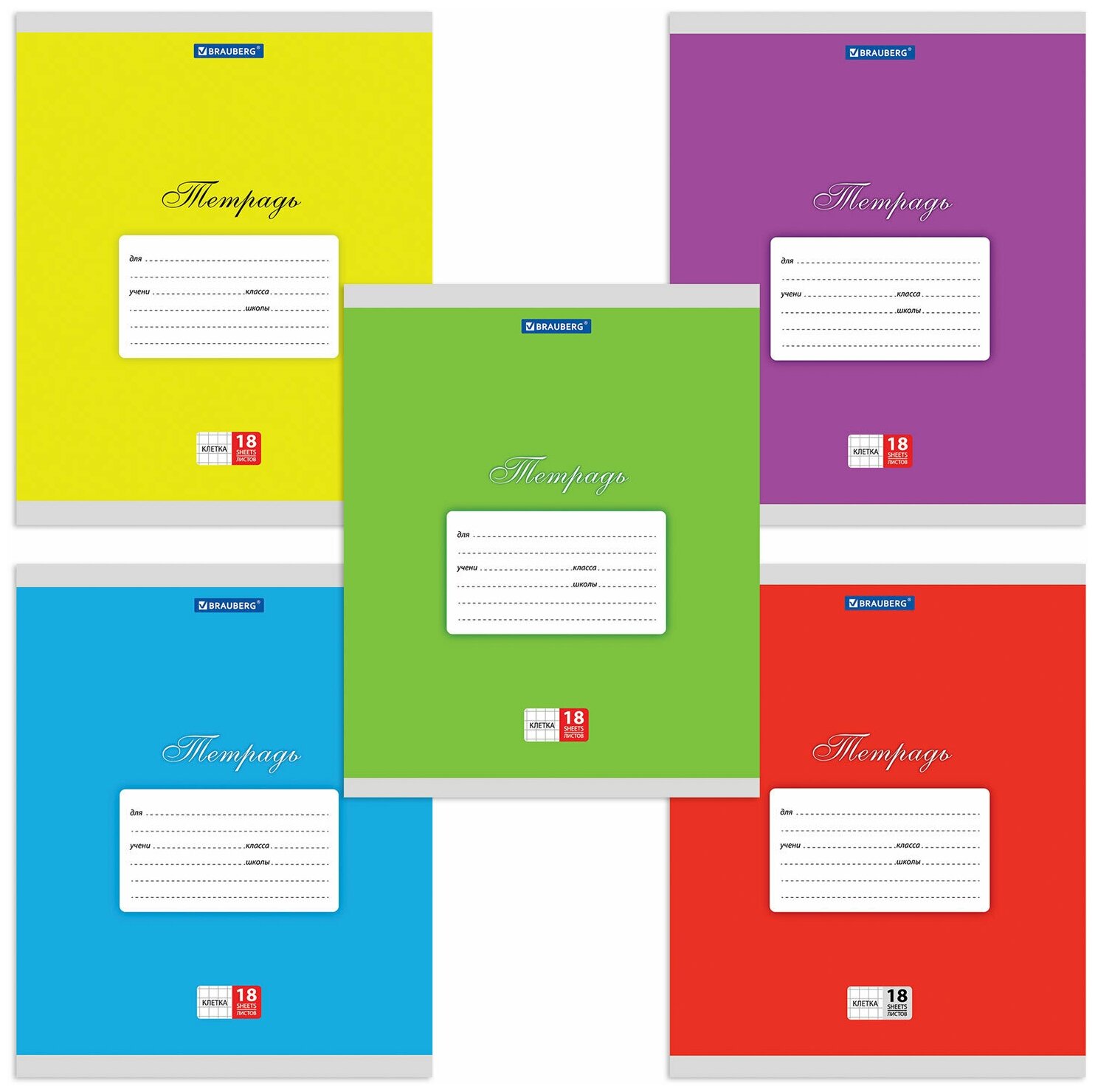 Тетрадь 18 л. BRAUBERG классика, клетка, обложка картон, ассорти (5 видов), 401991 (цена только за 1 шт.)