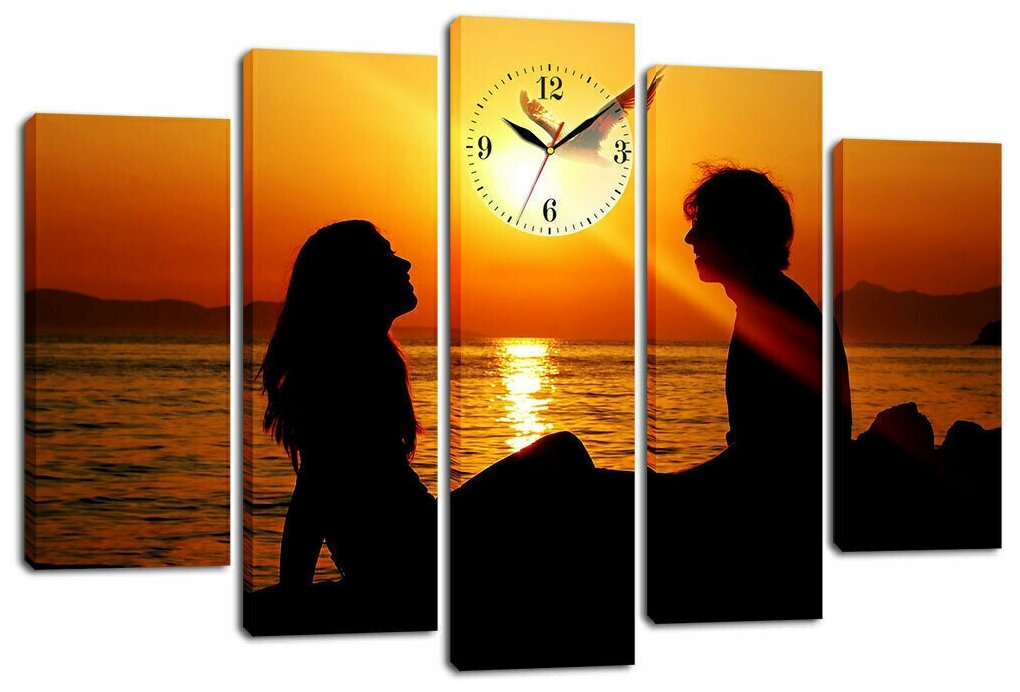 Модульная картина с часами / Часы на холсте Пара на закате 140х80 см.