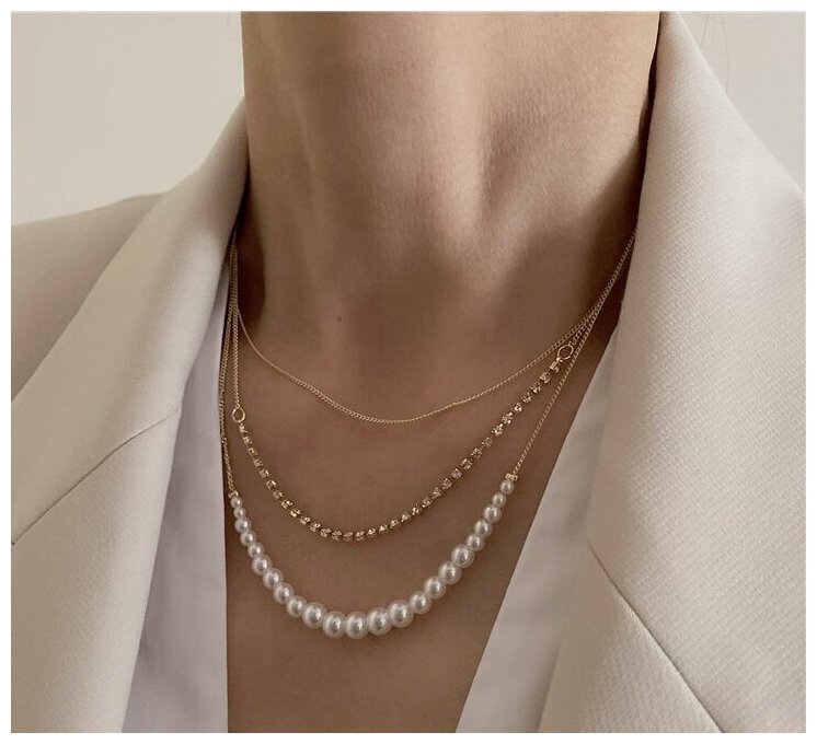 Колье, жемчуг имитация, пластик, кристалл