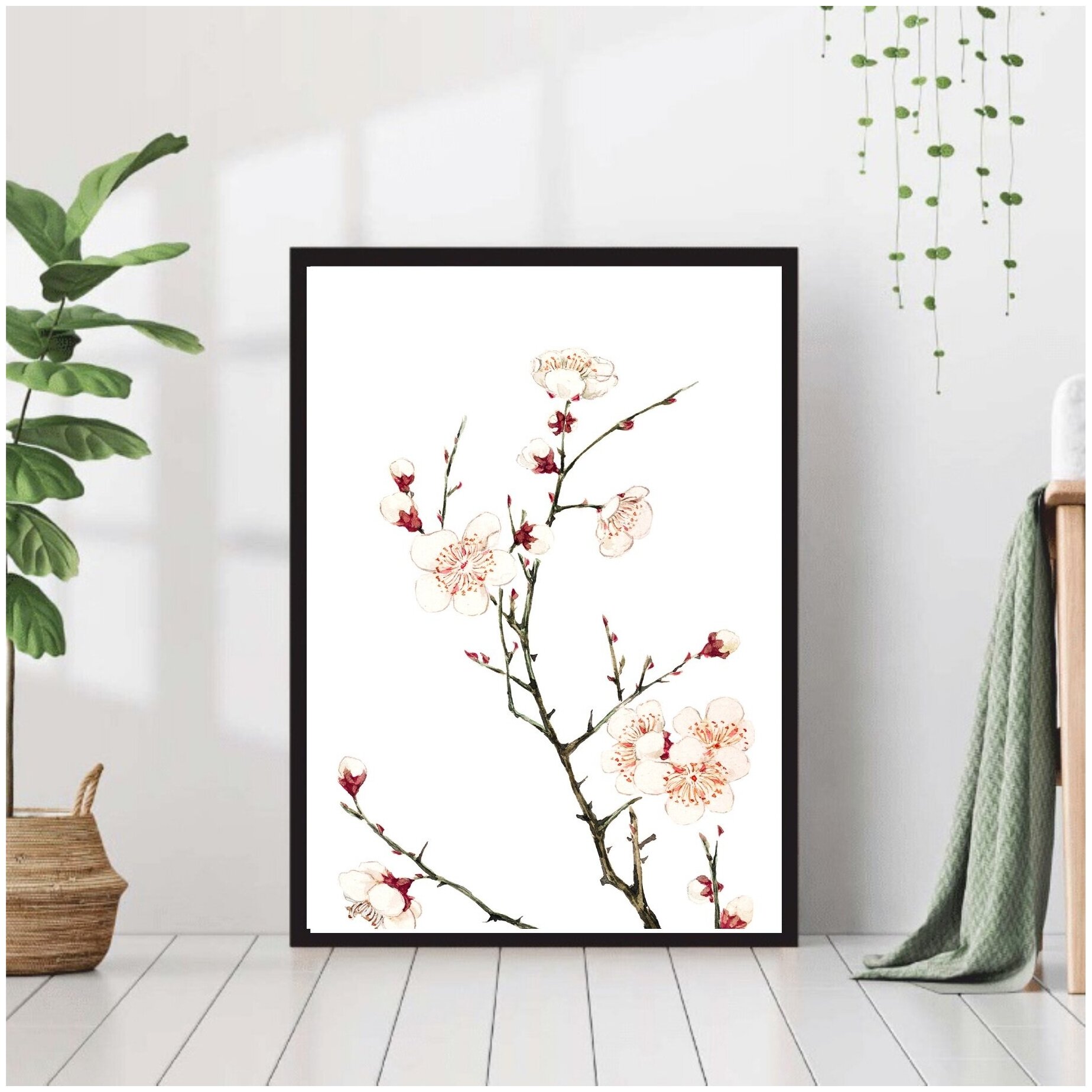Постер "Цветущая ветвь, китайская живопись" 50x70 в черной рамке на стену для интерьера