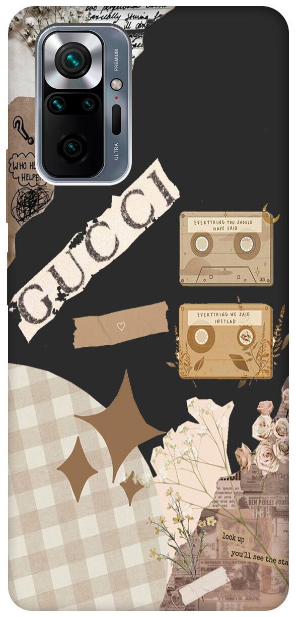 Матовый Soft Touch силиконовый чехол на Xiaomi Redmi Note 10 Pro, Сяоми Редми Ноут 10 Про с 3D принтом "GUCCI Stickers" черный