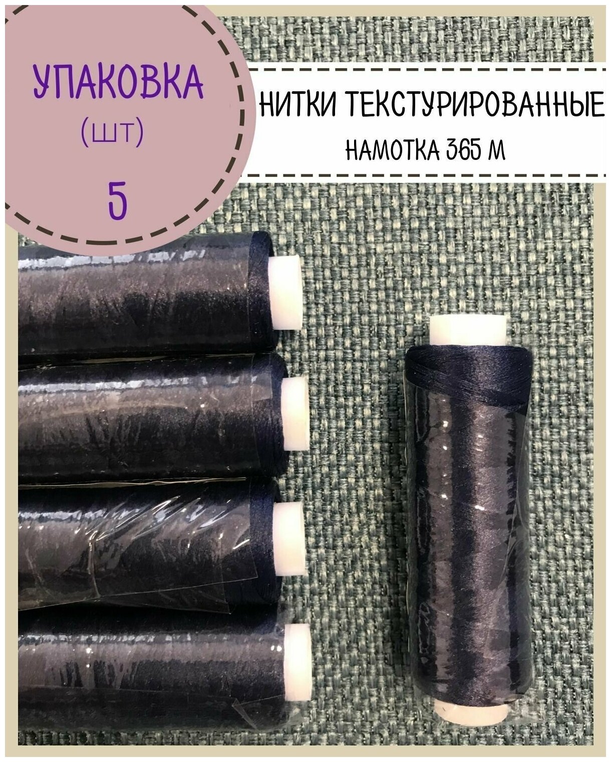 Нитки текстурированные оверлочные некрученые для шитья трикотажа,100% полиэстер, цв. темн. синий, упаковка 5 шт