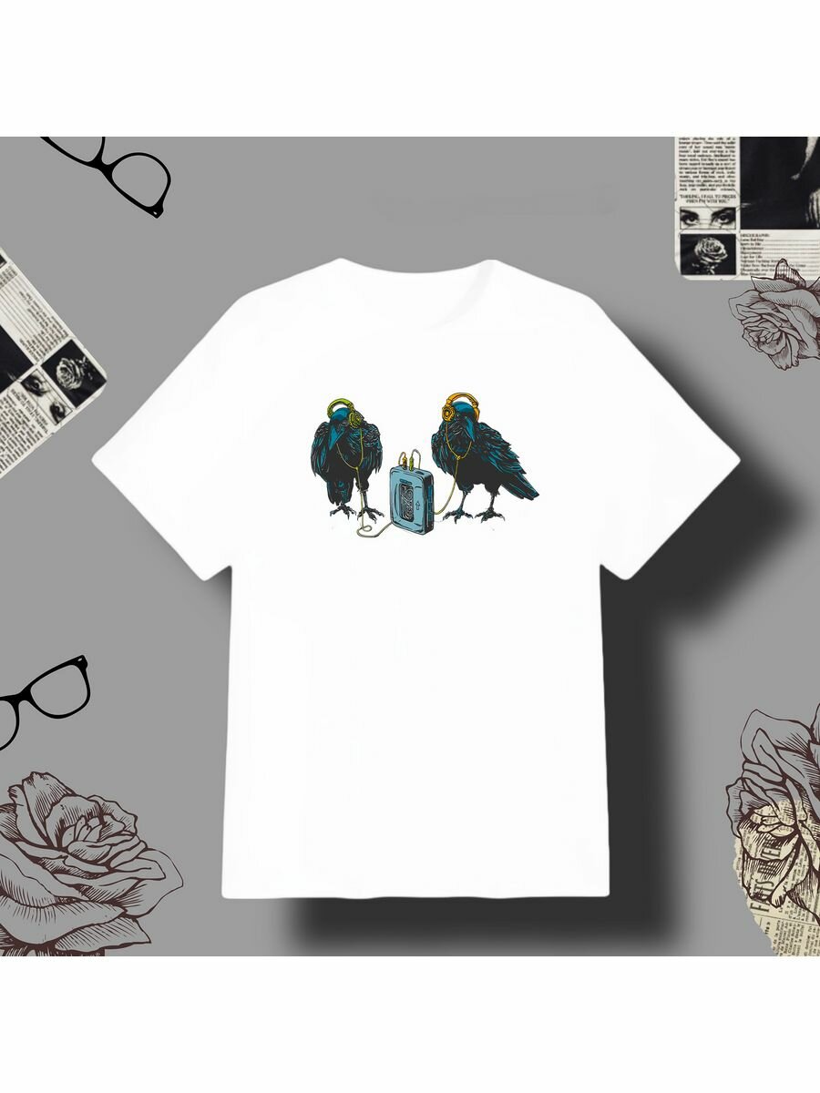 Футболка вороны в наушниках музыка