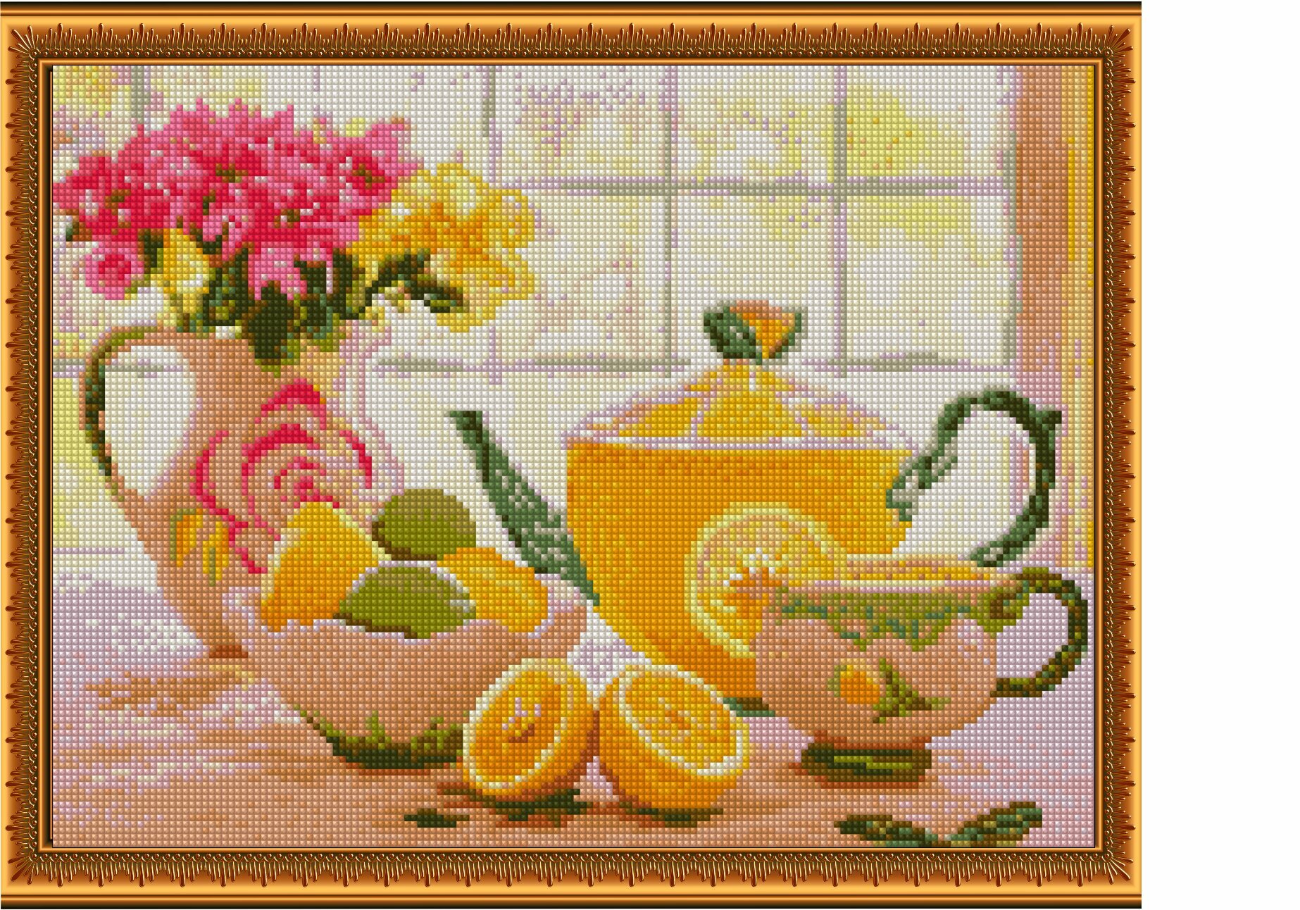 Алмазная мозаика "Утренний чай" на подрамнике, 30х40 см, цветы/натюрморт М-908