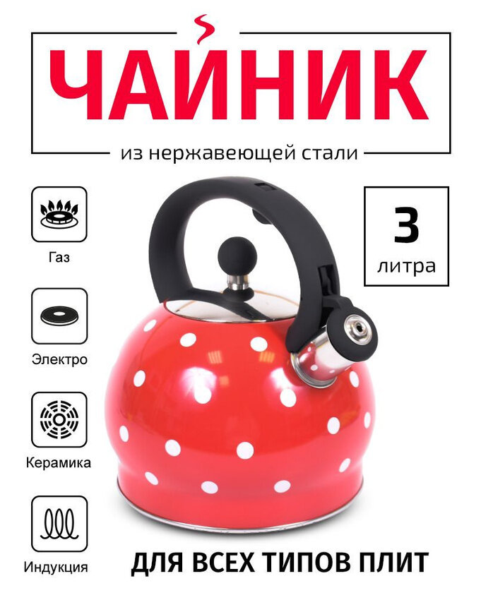 Чайник 3л из нержавеющей стали TIMA капсульное дно индукция со свистком ручка Soft-touch WTK241C