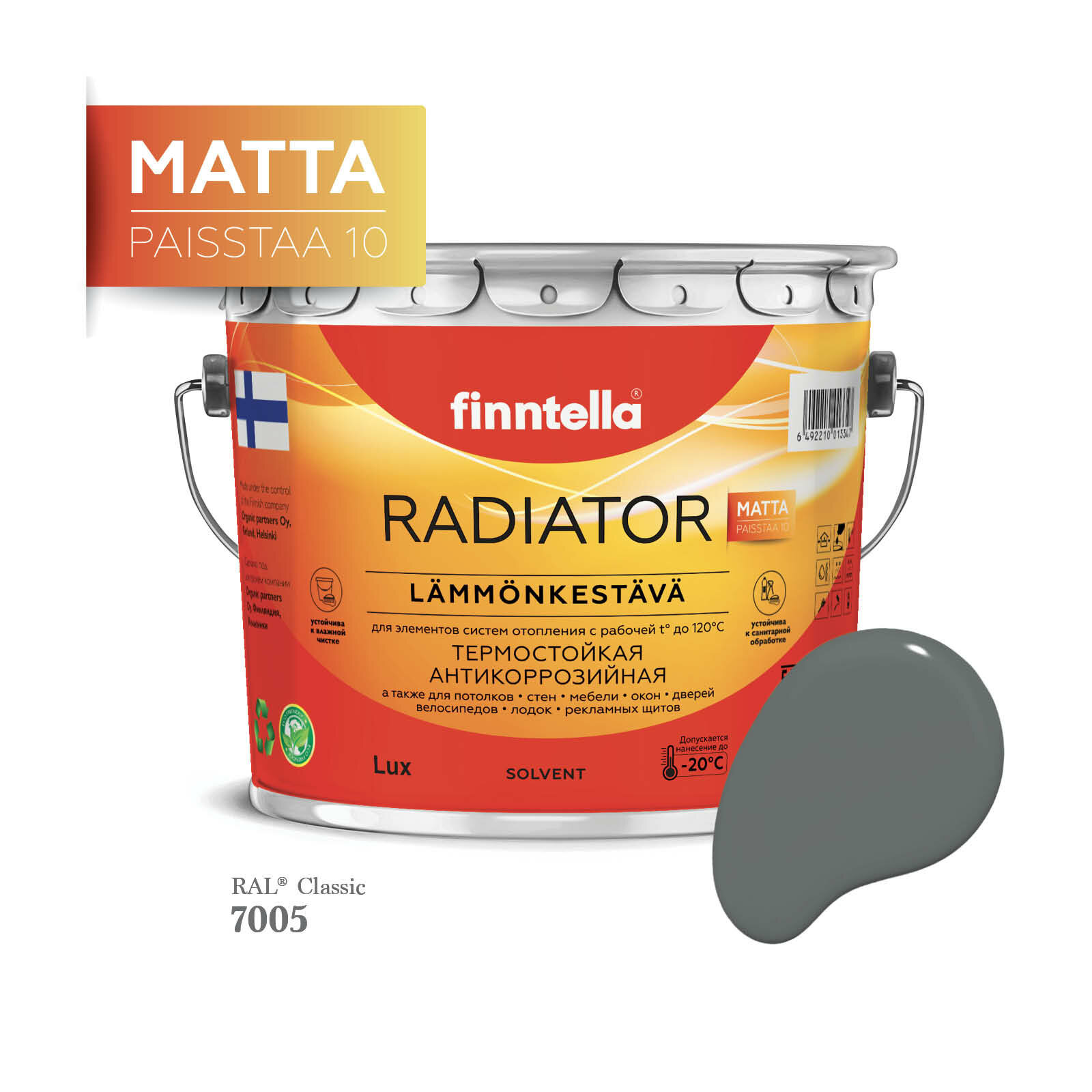 Краска для радиаторов быстросохнущая финская эмаль FINNTELLA RADIATOR Matta. Матовая. Цвет RAL7005 , 2,7л