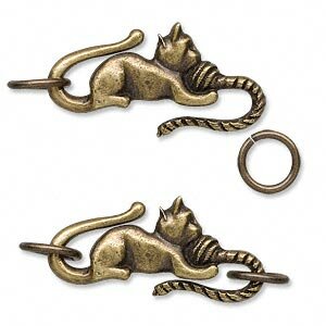 Застежка, 29х13мм, крючок с соединительными колечками, котенок с клубком, базовый материал - оловянный сплав, бронза, 1 шт.