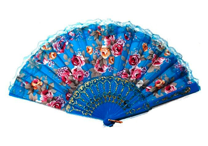 Веер складной кружевной "Цветы" с цветным основанием голубой, нейлон, пластмасса, размер 24 см