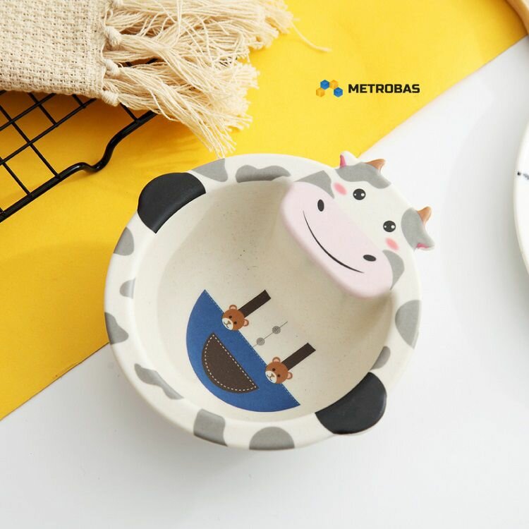 Тарелка детская Metrobas "Бык", нескользящая, бамбук, экологичная, белая/синяя/серая/розовая