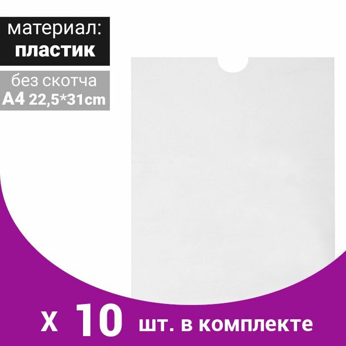 Карман плоский А4, 22 0,2 30 см, без скотча для крепления, с вырубкой, в защитной плёнке (10 шт)