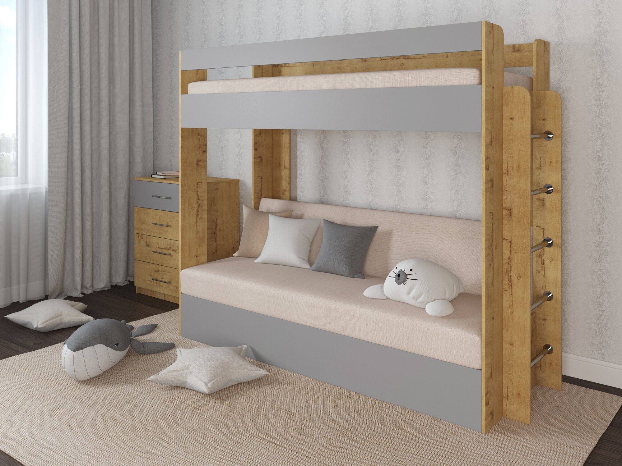 Кровать двухъярусная с диваном Есэндвич new Лаворо (Дуб бунратти/Вулканический серый/Savana Plus Ivory)