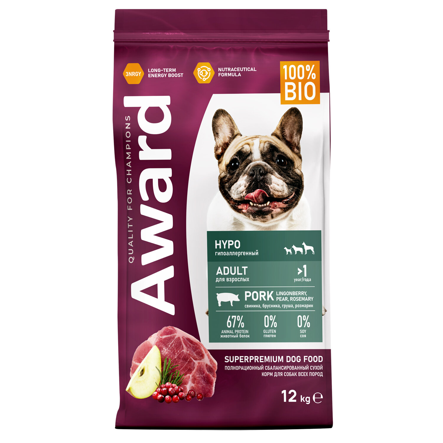 AWARD Сухой корм HYPO для взрослых собак всех пород со свининой с добавлением брусники, груши и розмарина 12кг