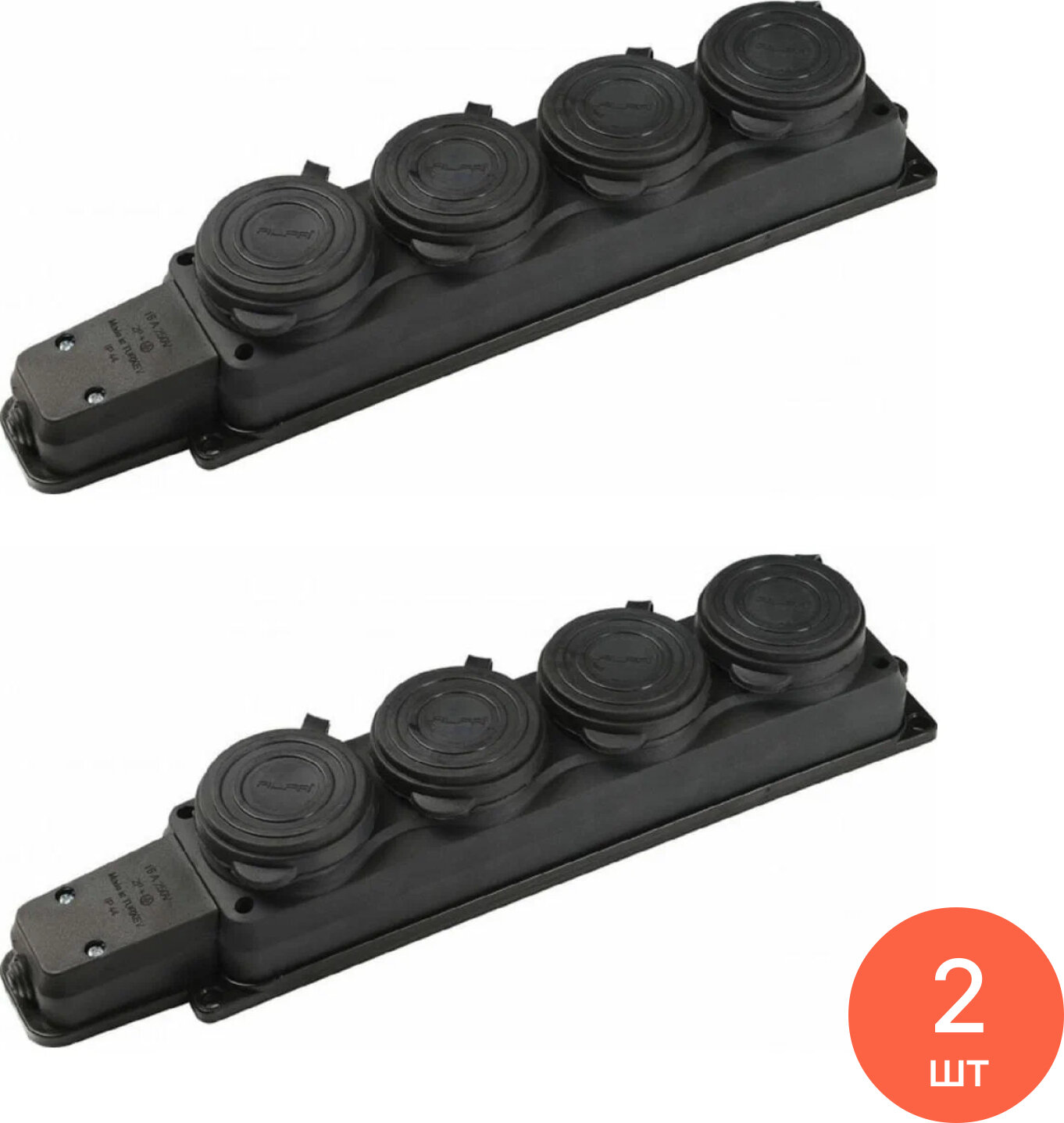 Блок розеток NE-AD 4 гнезда, 16А IP44 с заземлением и крышками, каучук черный 4104 / колодка электрическая для удлинителя (комплект из 2 шт)