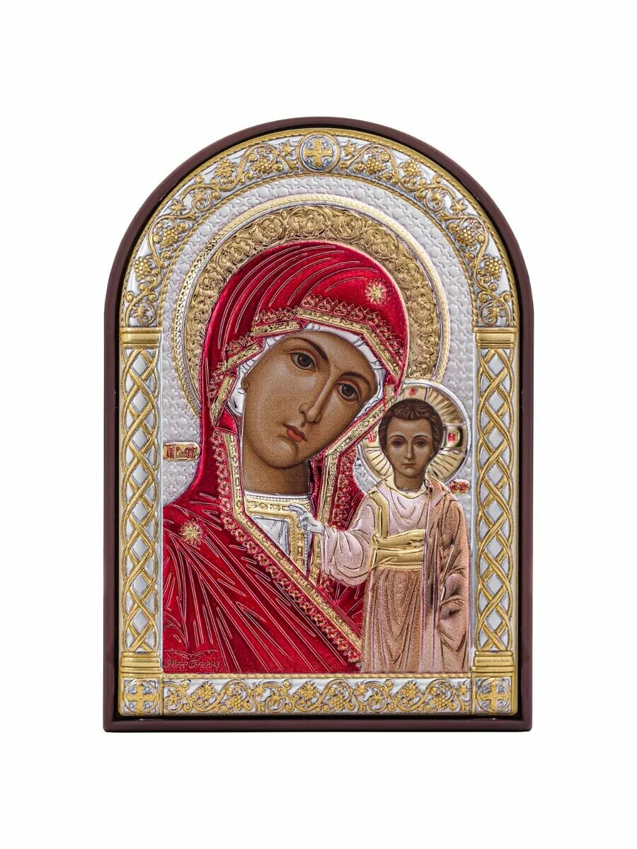 Икона серебряная, греческая Казанская, эмаль 80х115мм