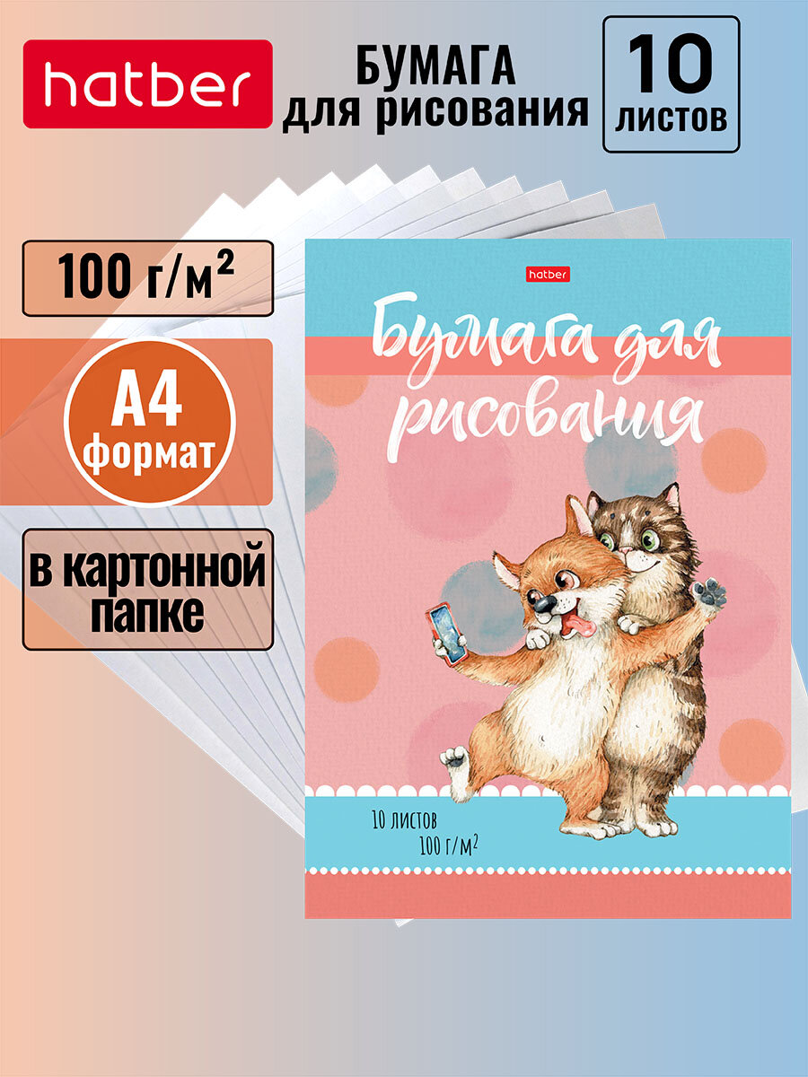Набор бумаги для рисования 10 листов А4 100г/кв. м в папке, тиснение -Котоселфи-