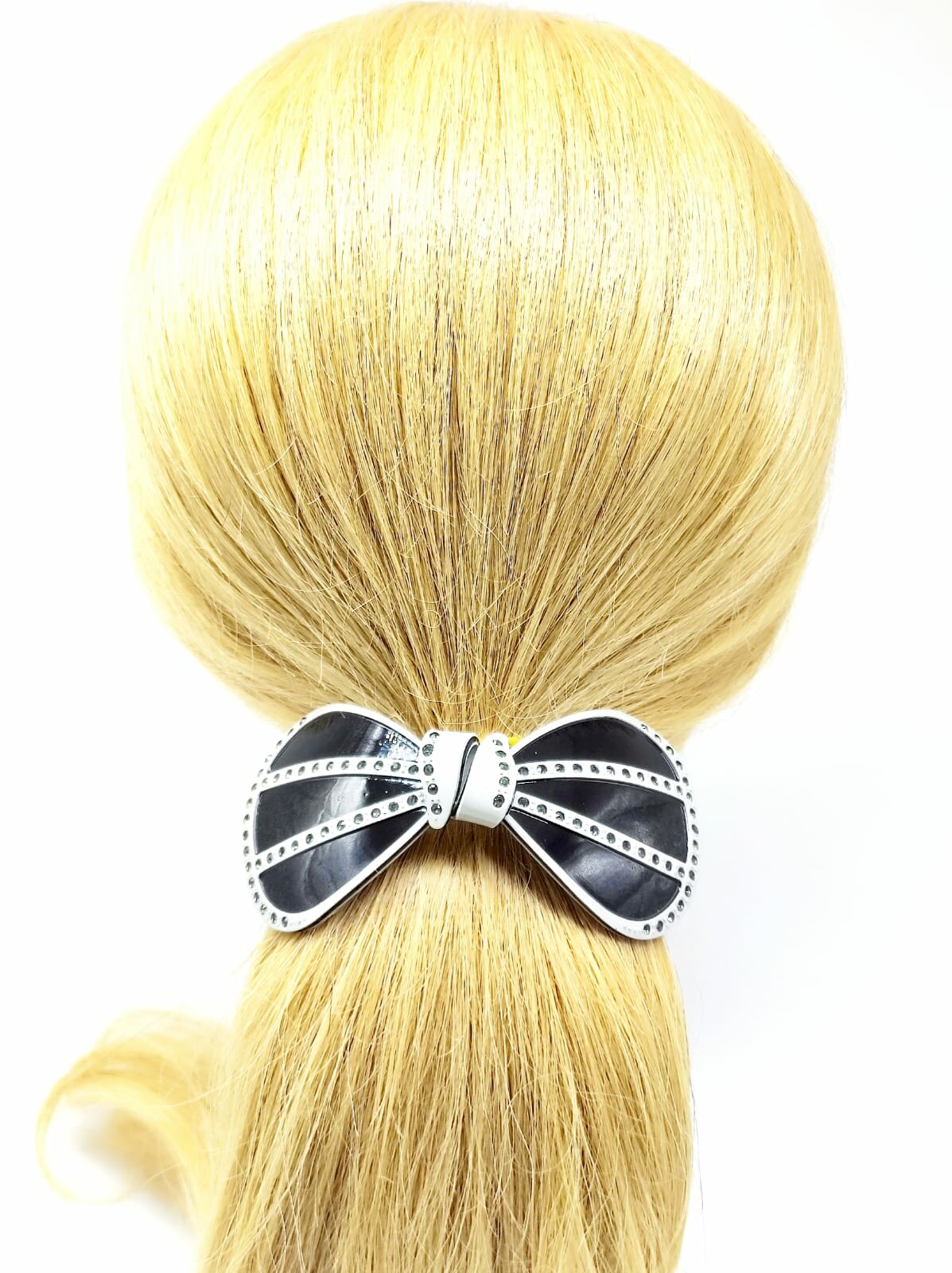 Зажим-автомат для волос в виде банта, серого цвета со стразами