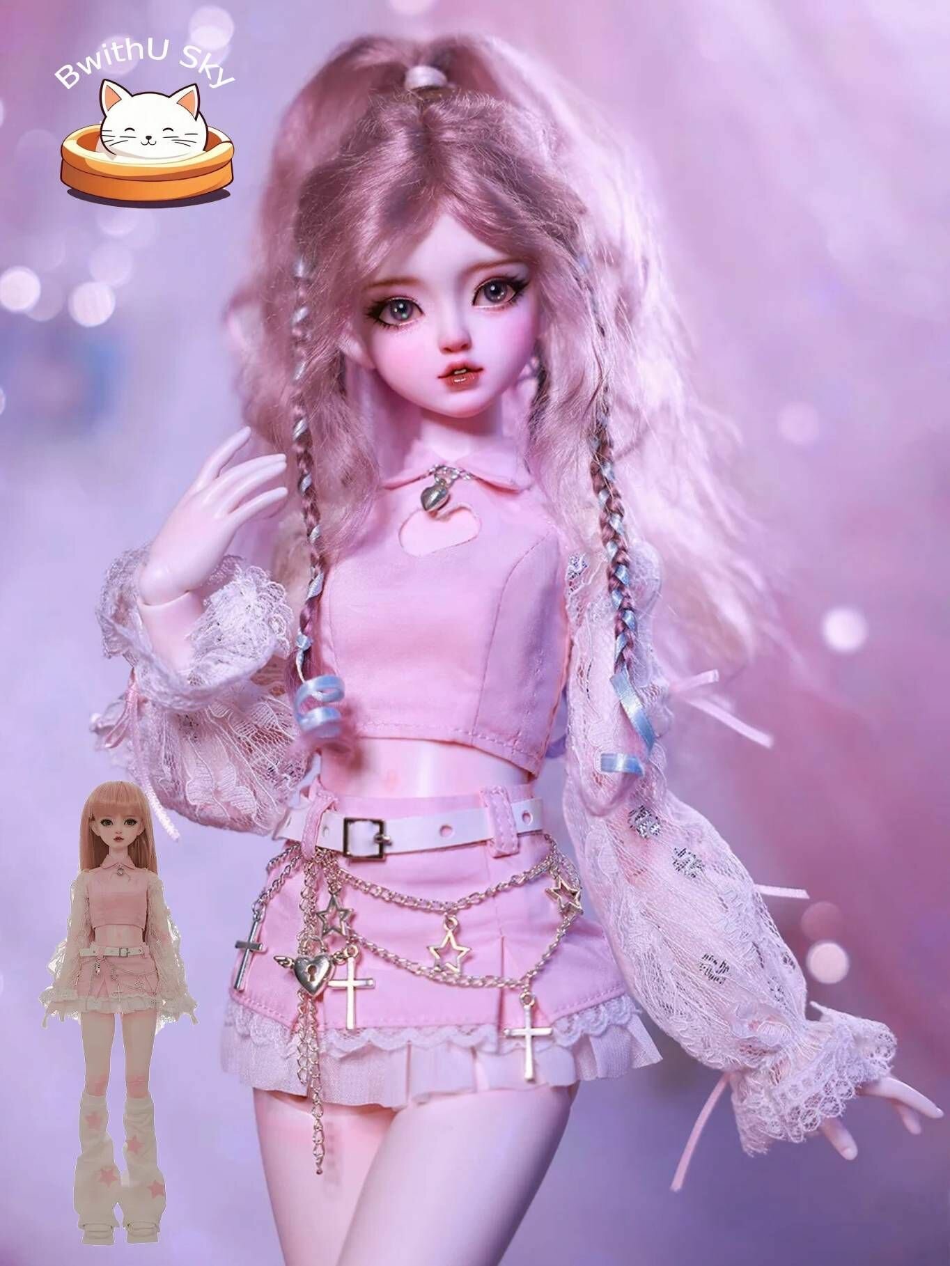 BwithU 1/4 BJD кукла Барий: Светло-розовый стиль в нежном наряде с кружевными рукавами и звёздными акцентами
