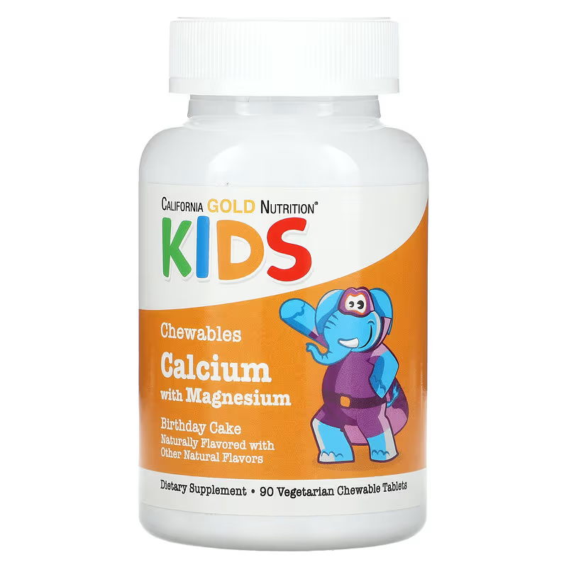 California Gold Nutrition, Кальций и магний для детей, 90 жевательных таблеток, со вкусом торта.