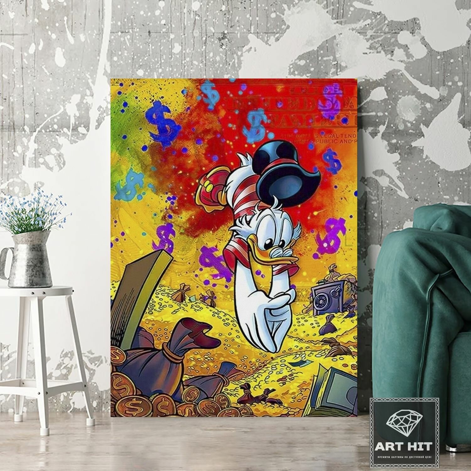 Картина Скрудж Макдак, Дональд Дак с деньгами, 50х70 см.