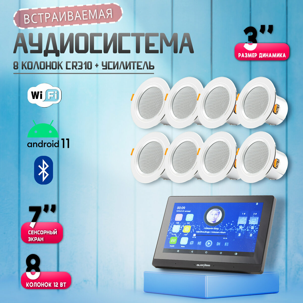 Комплект встраиваемой Android аудиосистемы для фоновой музыки с колонками