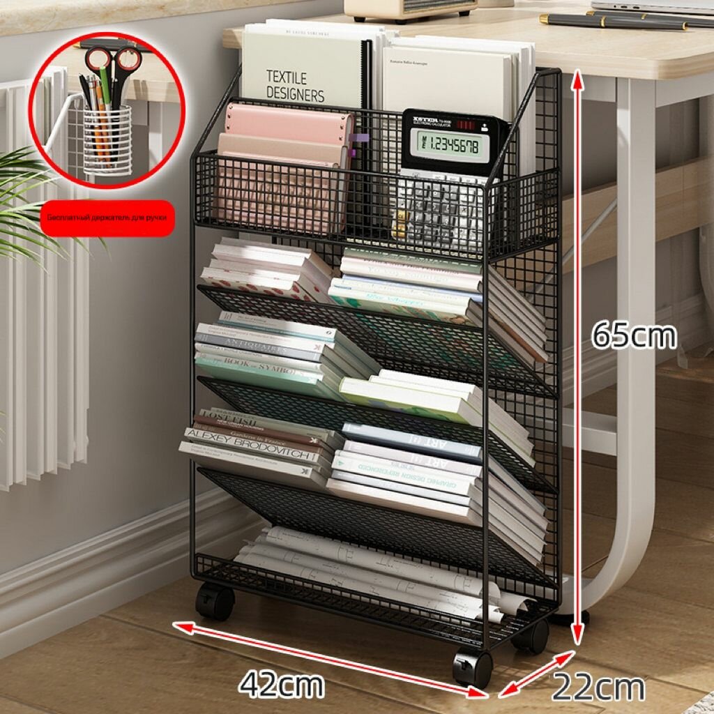 Этажерка-органайзер для книг, металл, на колесах, черная, 6 полок, 65x42x22 см