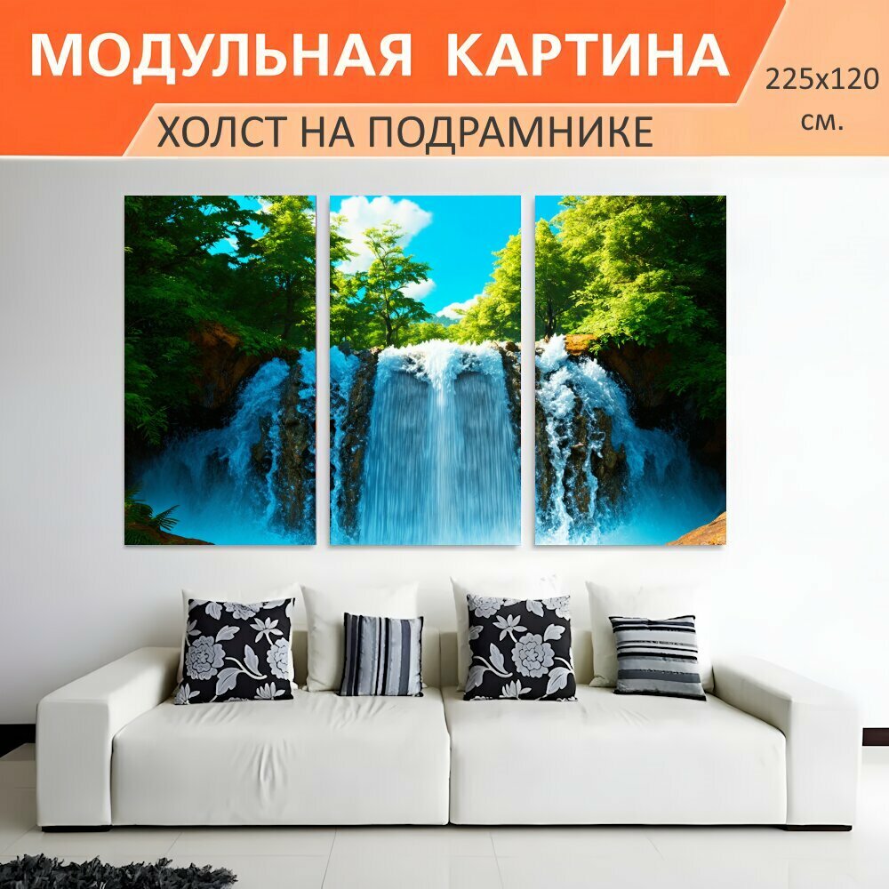 Модульная картина на холсте "Захватывающая видеографика с анимацией водопада, создающим эффект ритмичного движения, дополненная." триптих на подрамнике 225х120 см. для интерьера
