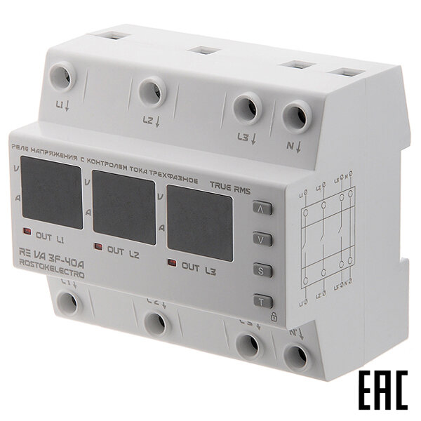 Реле напряжения RE VA3F-40A 380В Umin120-200В/Umax210-270В 40А 3P+N Росток-Электро