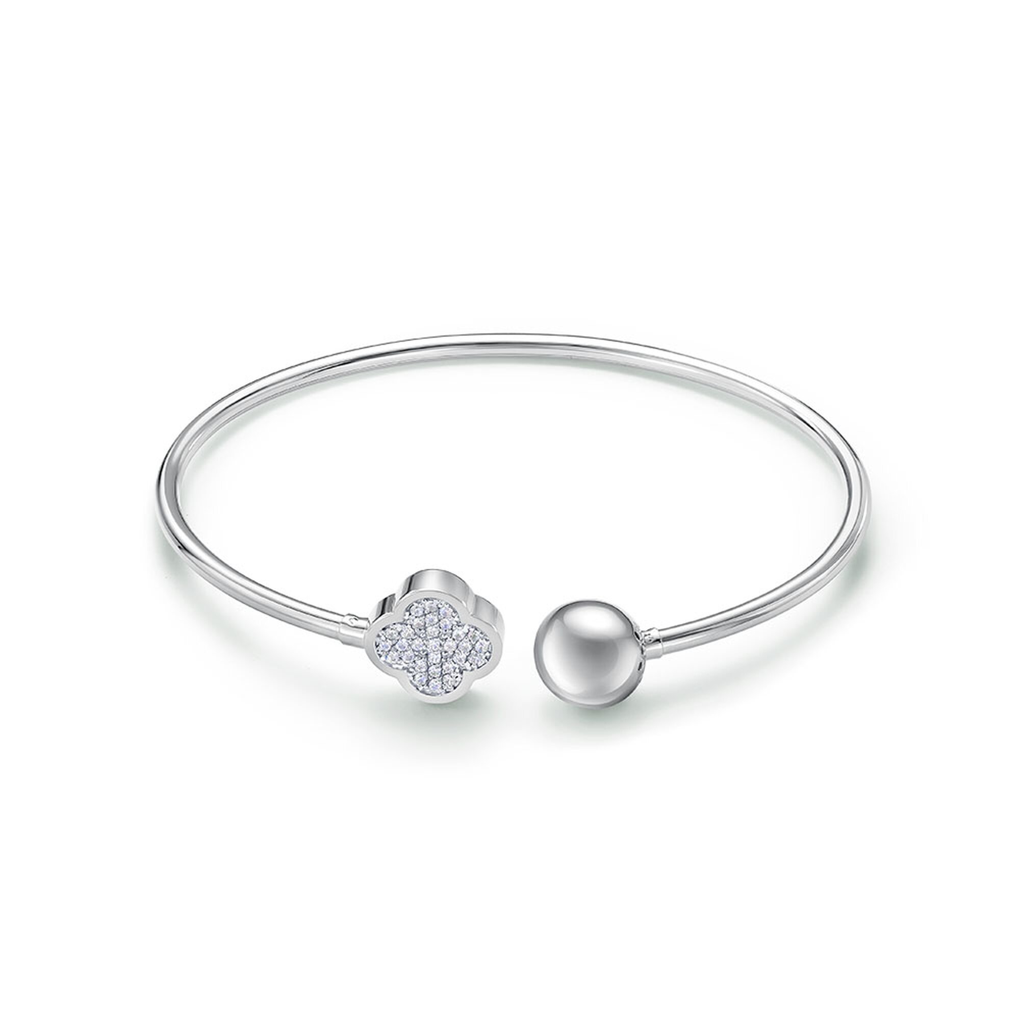 Жесткий браслет, серебро, 925 проба, родирование, фианит