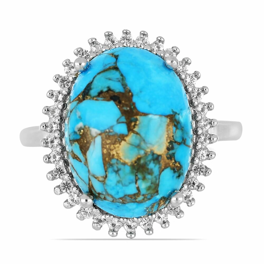 Кольцо, серебро, 925 проба, родирование, бирюза, топаз