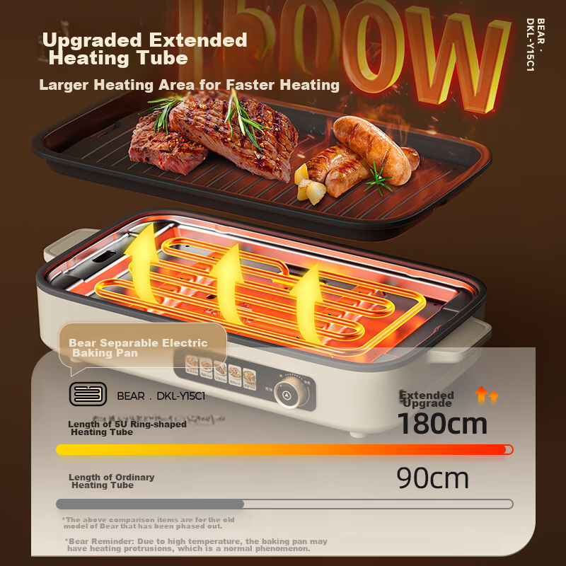 Bear Electric Grill Pan, Home Electric Barbecue Grill, Detachable Multi-Functional Smokeless Non-Stick Kebab Machine for 2-7 People, Y15C1 Multifunctional Pot with National Subsidy