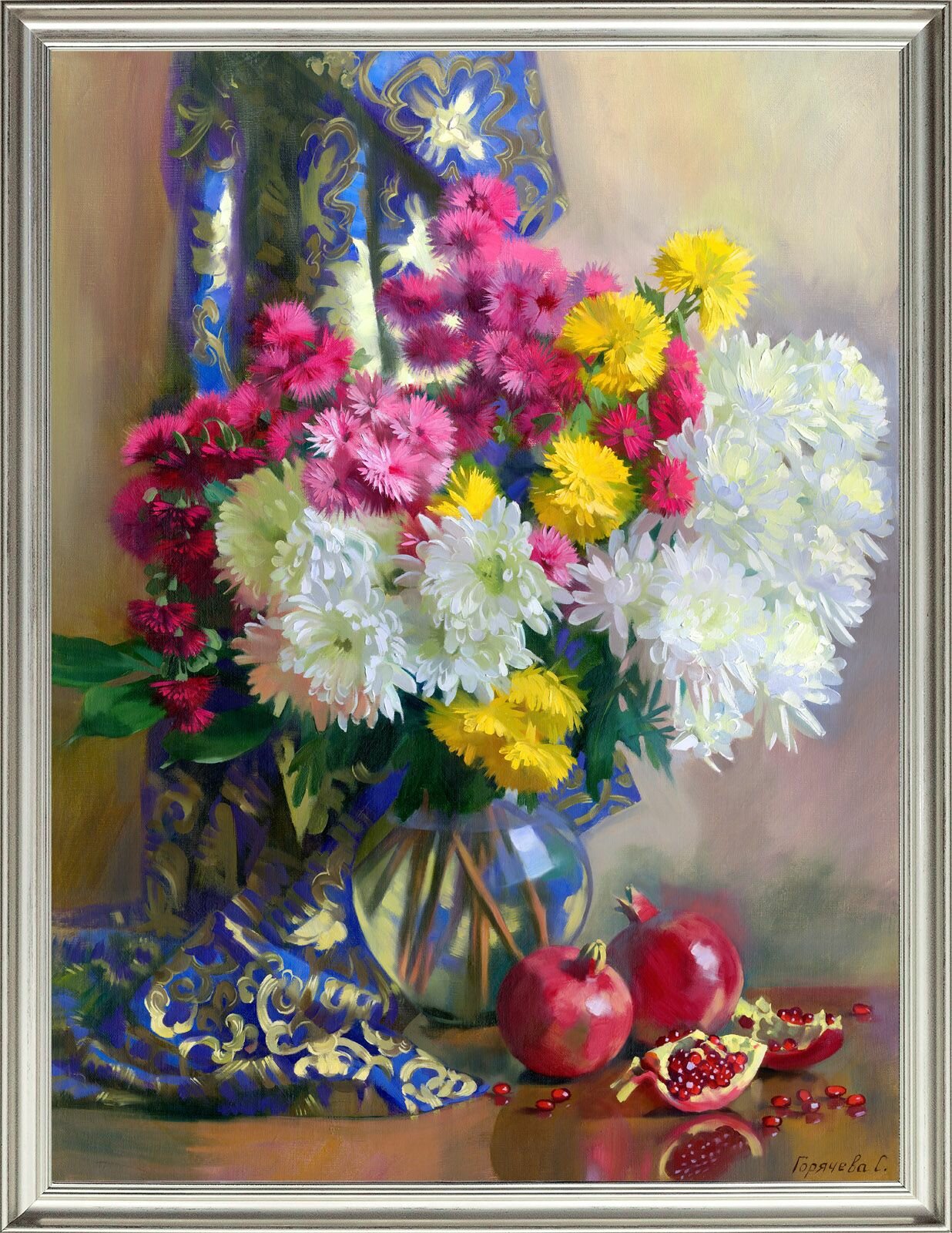 Картина на холсте, "Хризантемы и гранаты", 80х60 см, художник - Горячева Светлана. Холст на деревянном подрамнике, оформлена в багет, Арт. ГС-х4