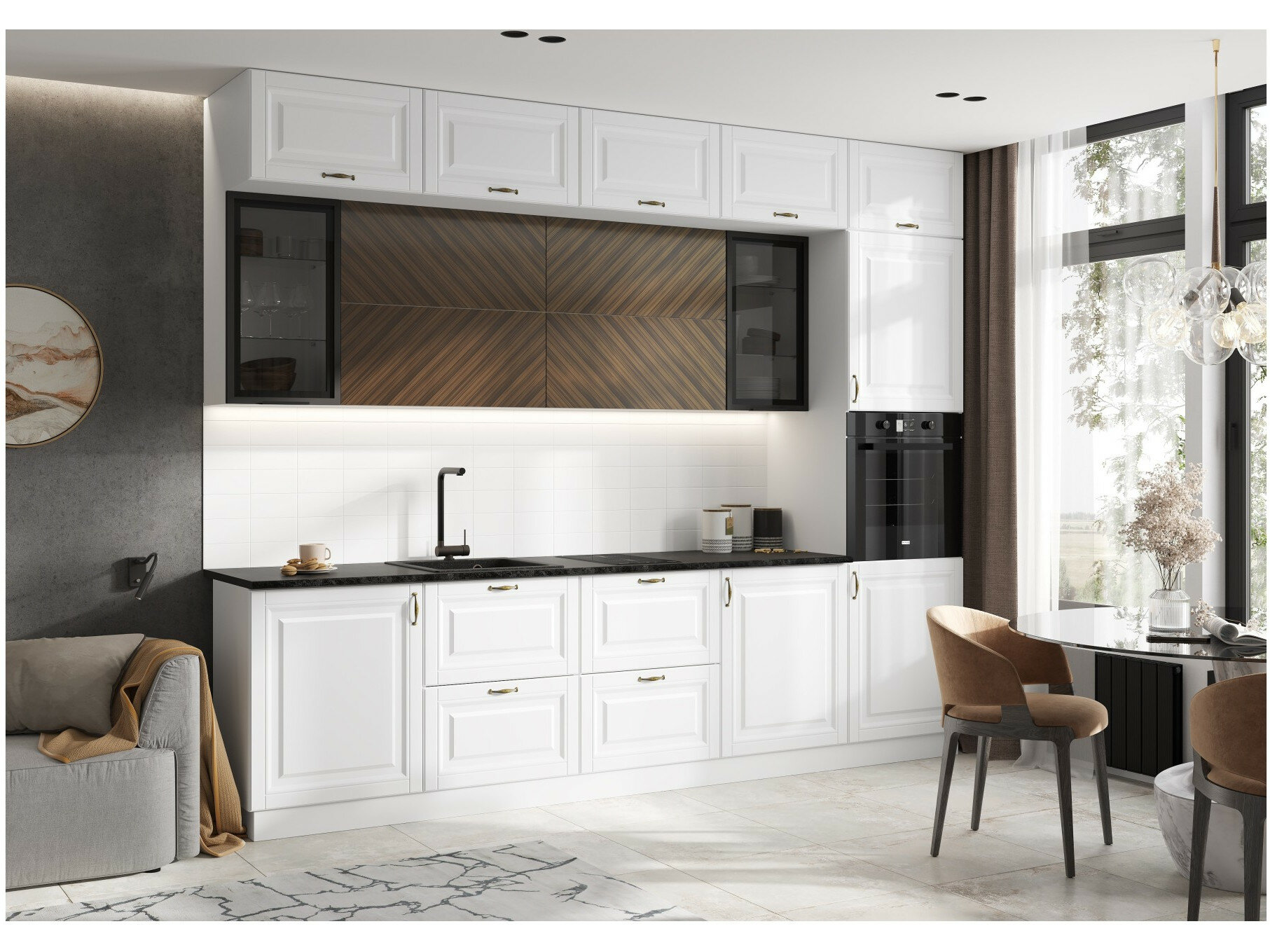 Кухня Престиж 3,0м Компановка №2 Белый/Браш Вайт/Прайм орех (Белый, Браш Вайт/Прайм Орех, Кастелло темный)