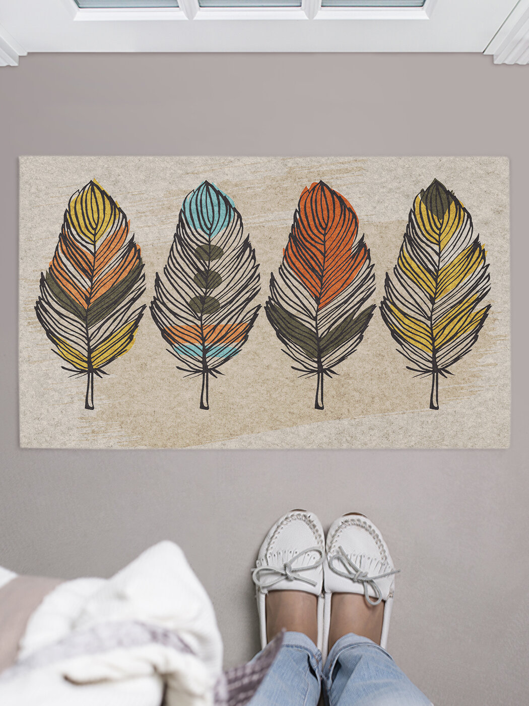 Коврик придверный в прихожую с принтом "Цветные перья бохо" 45x75 см , JoyArty