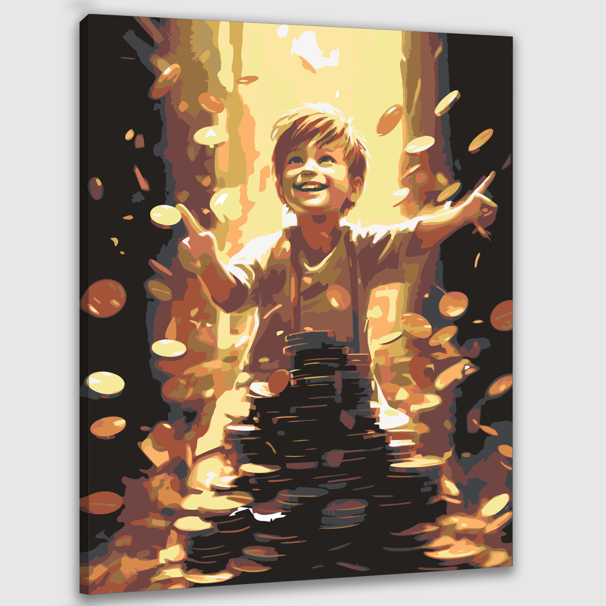 Картина по номерам 40x50 см, ребенок, игра, золотые монеты, подбрасывание, солнце, блеск, богатство, чудо, радость