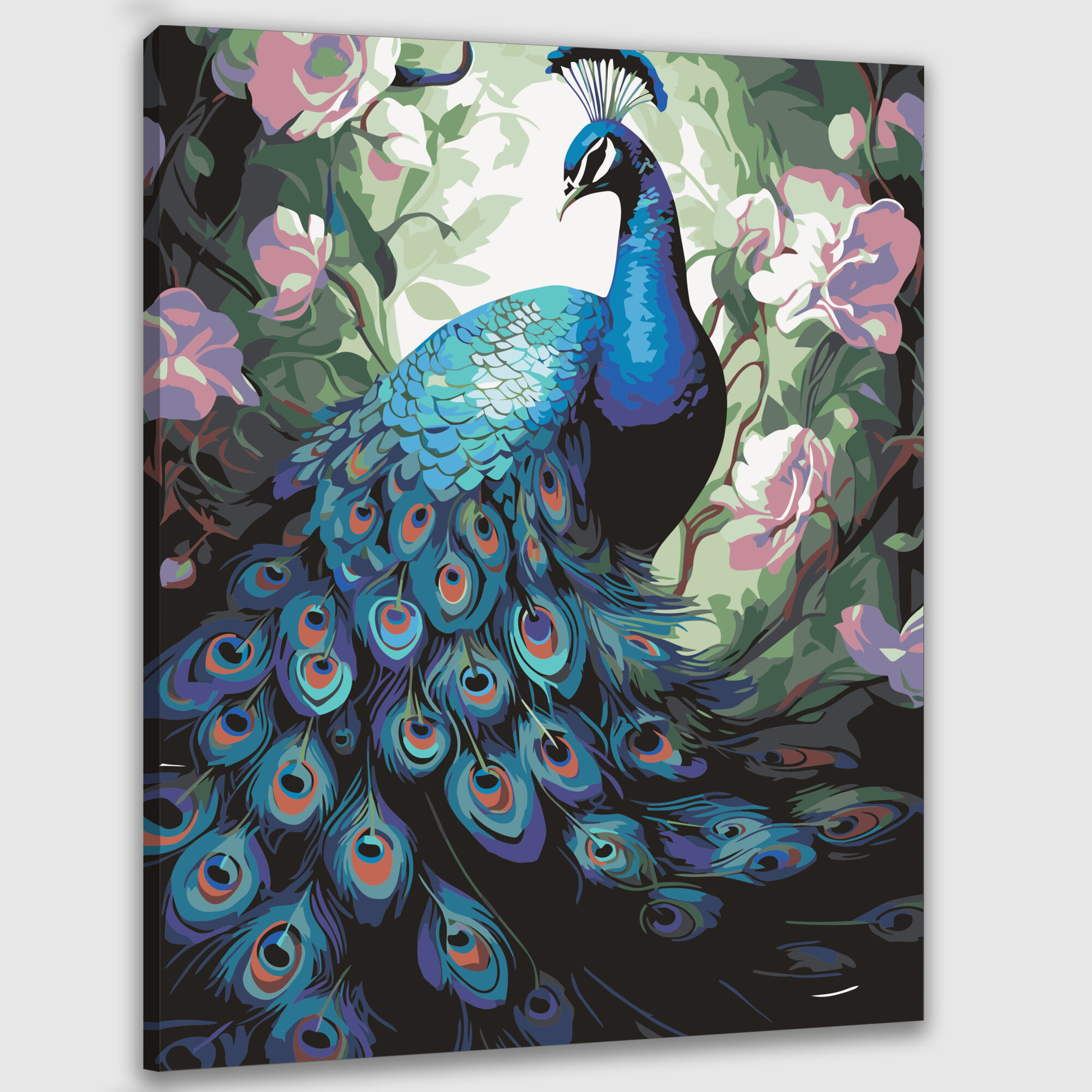 Картина по номерам 40x50 см, павлин, перья, синие оттенки, зеленые оттенки, листва, цветы