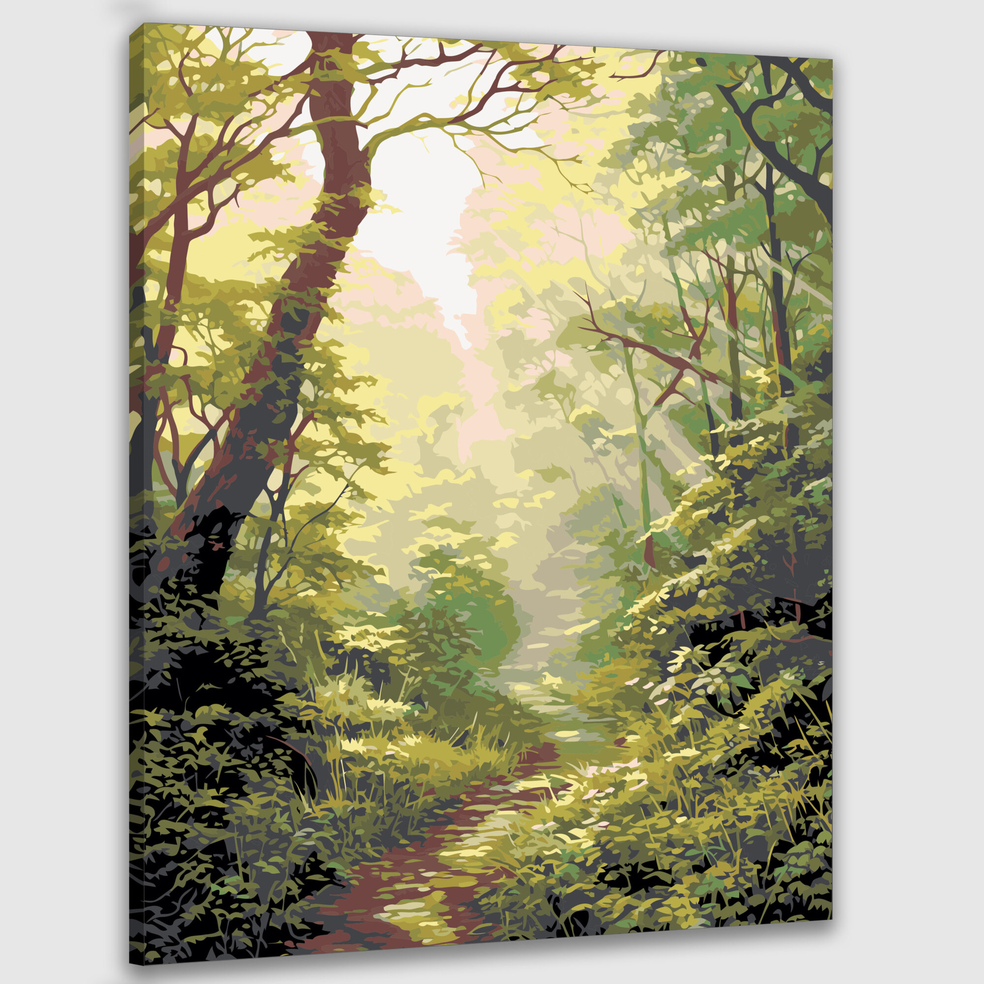 Картина по номерам 40x50 см, акриловая картина, яркая, солнце, лес, золотистый свет, зеленая листва, путь радости