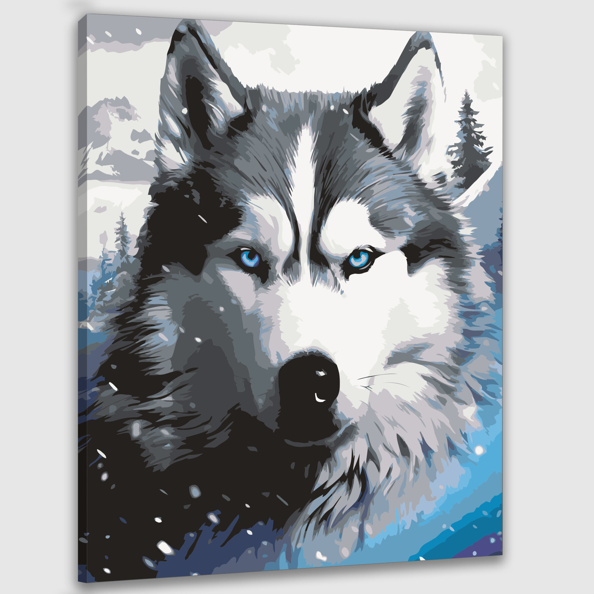 Картина по номерам 40x50 см, хаски, голубые глаза, заснеженный пейзаж, ледяная аура, цифровая картина